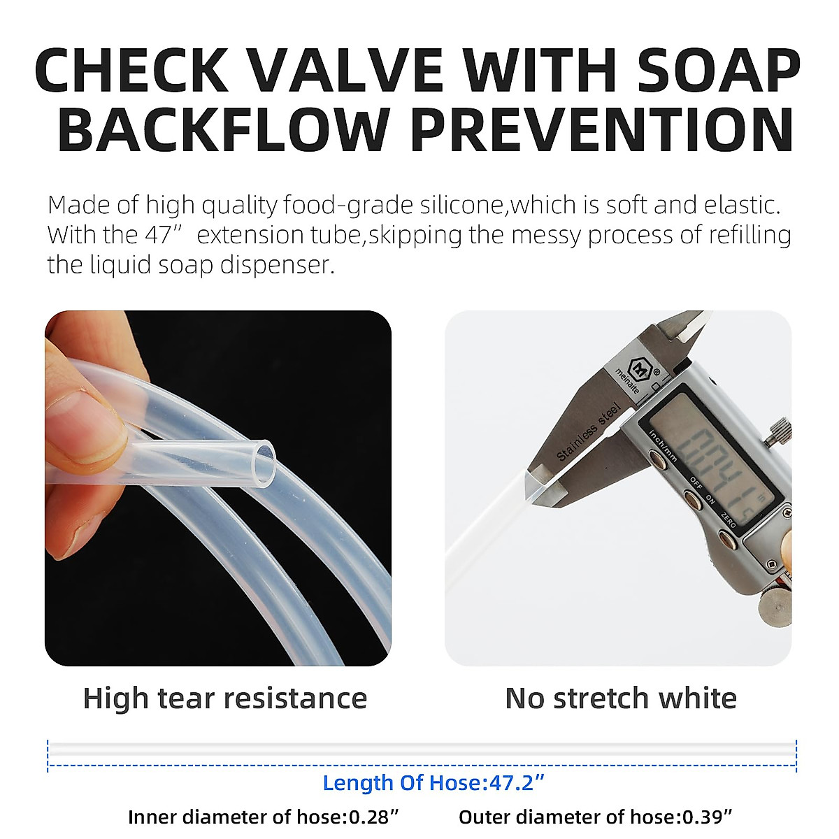 Sink Soap Dispenser Extension Tube Kit, 47" Under Counter Gappo Soap Dispenser Tube with Upgraded Metal Check Valve for Kitchen Sink, Never Fill The Little Bottle Again White