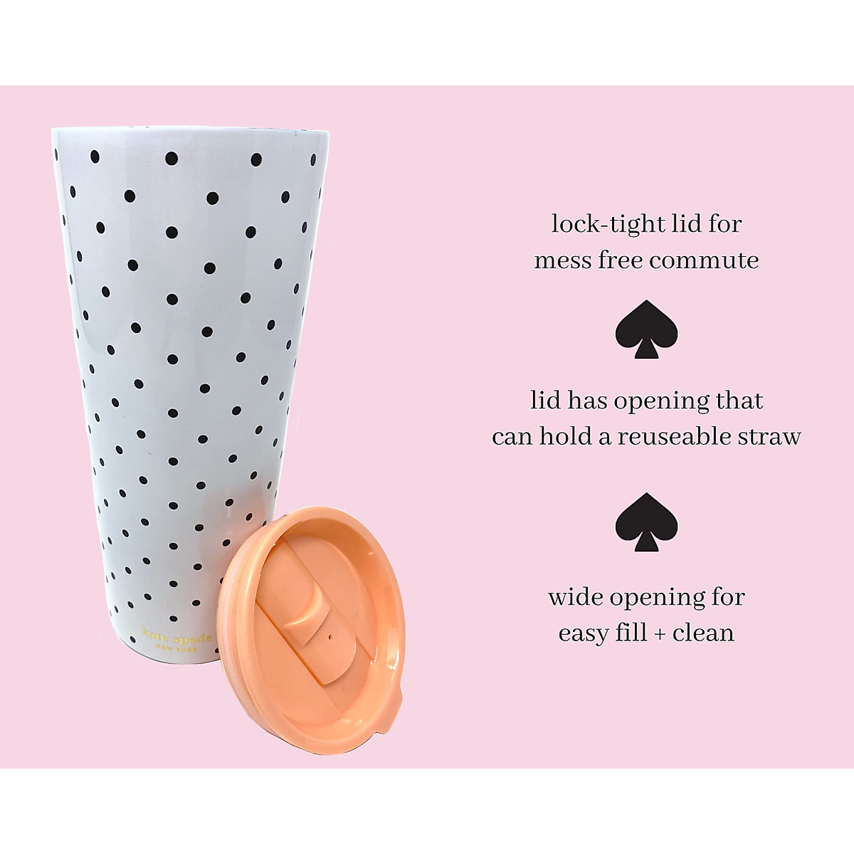 Kate Spade New York Cute Stainless Steel Mug, 24 Ounce Initial Travel Tumbler, Double Wall Insulated Cup with Lid, A (Pink)