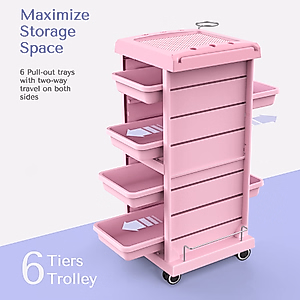 TASALON Salon Trolley Cart for Salon Station - Space Saving Salon Rolling Cart for Extra Storage - Hair Salon Beauty Cart - 6-Tray Salon Cart - Multipurpose Tool Cart - Tattoo Tray- Pink