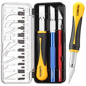 REXBETI 16 Piece Precision Hobby Craft Knife Set, with 10 Piece Refill SK5 Blades, Suitable for Halloween Pumpkin Carving, Art Modeling, Scrapbooking and Sculpture