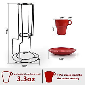 Emma's Porcelain Espresso Cups with Saucers, Ceramic Demitasse Cups with Metal Stand- 3.3OZ/95MLStackable Espresso Mugs, for Specialty Coffee Drinks, Cappuccino and Tea - Set of 4 (Red)