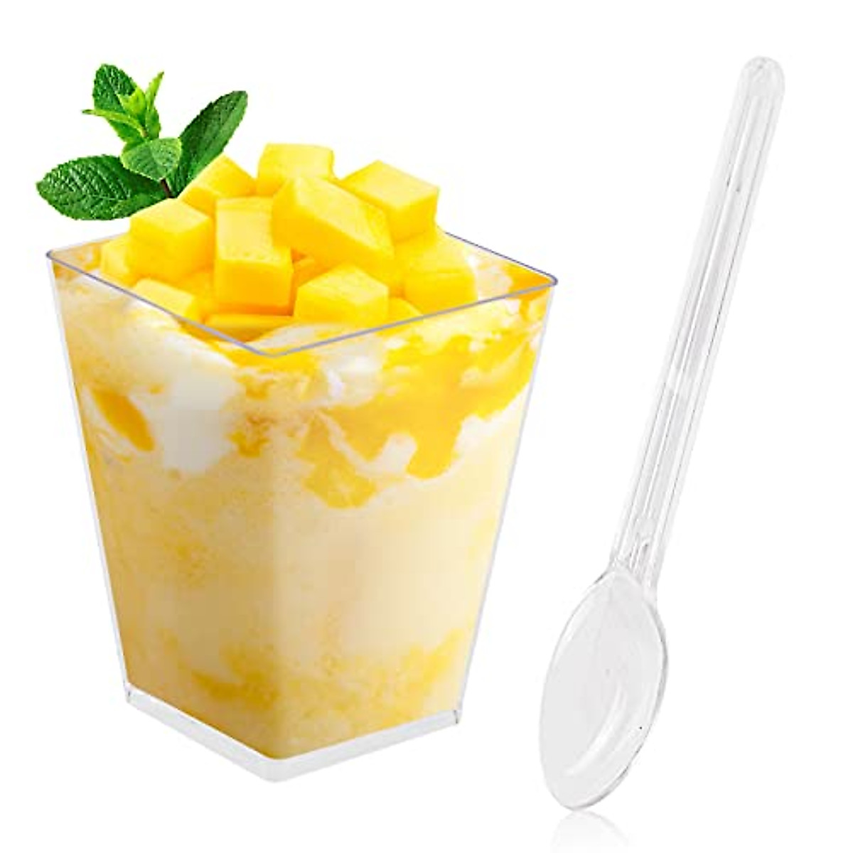 Wiaregom 50Pack 5oz Square Plastic Dessert Cups with Spoons,Clear Parfait Appetizer Cups for Tasting Party Desserts Fruit Parfait Trifle Baby Shower Party