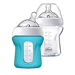 Chicco NaturalFit Glass 2 Pack Slow Flow with Bonus Silicone Sleeve, 9 Ounce, 0 Months Plus