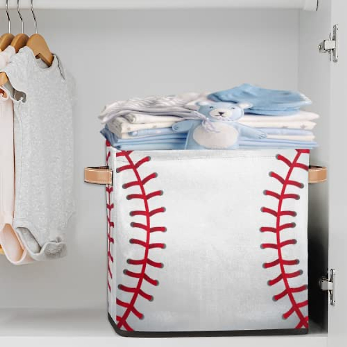 Cube Storage Bins 13 Inch Fabric Storage Basket Baseball Surface Square Storage Bins Collapsible Nursery Storage Bin Organizer Basket Sport Ball Storage Box for Shelves, Closet