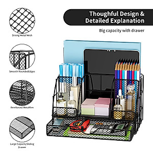 Desk Organizers and Accessories, Office Desk Organizer with 6 Compartments + 1 Large Sliding Drawer + Pen Holder + 72 Accessories, Desk Accessories Organizers for Office, Home, School (Black)