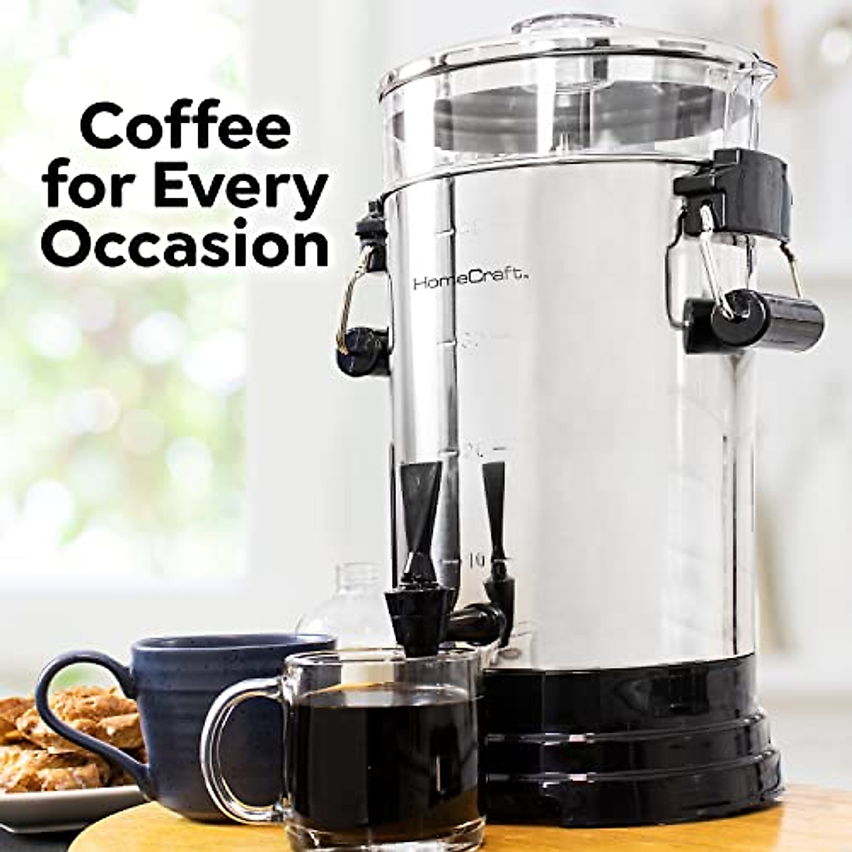 HomeCraft 40 Cup Coffee Urn and Hot Beverage Dispenser with Quick-View Brewing and Dripless Faucet, Stainless Steel