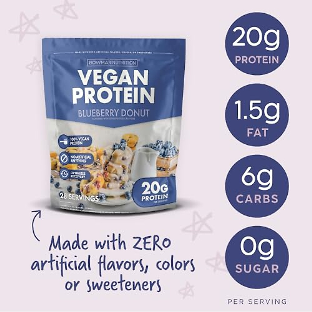 BOWMAR NUTRITION Vegan Protein, Vegan Gluten Free Protein Powder, 20-22g of Protein, Low Fat, Delicious Tasting. Pea, Pumpkin Seed, Watermelon Seed, & Sunflower Seed Protein (Blueberry Donut)