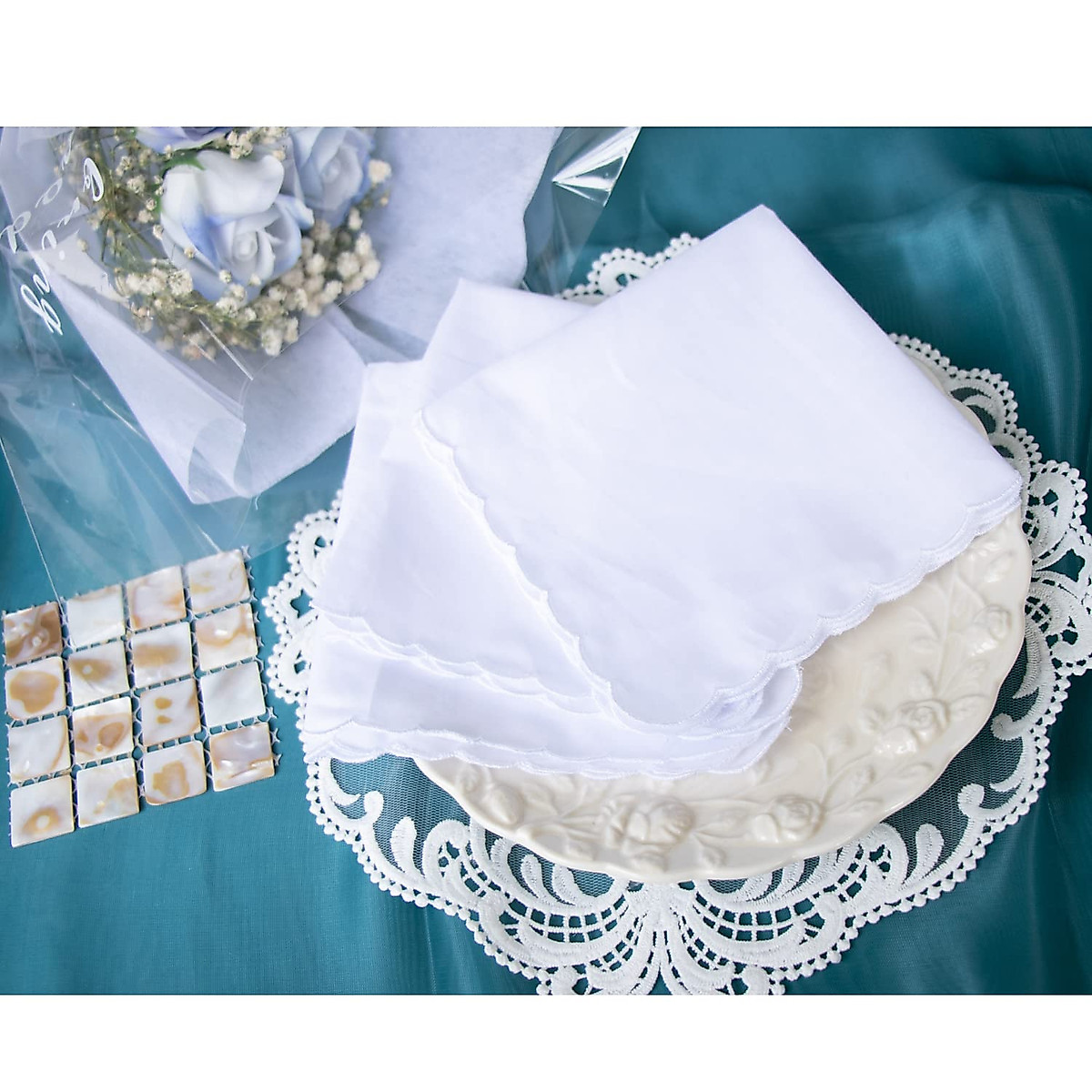 MemoryHanky Bulk Pack Handkerchiefs Cotton Scalloped Hankies Pocket Square Towel White 11 Inches