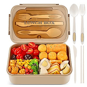 MYSEXY Bento Lunch Box for Kids and Adults with 3 Compartment Leak Proof Lunch Boxes for Men Women Food Containers with Spoon Fork Knife Chopsticks - 1400 ML (Khahi)
