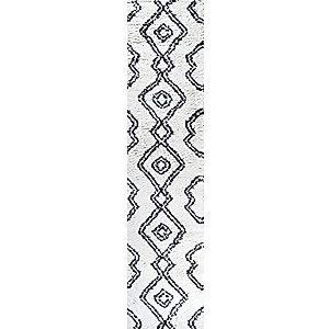 JONATHAN Y MOH401A-210 Deia Moroccan Style Diamond Shag Indoor Area-Rug, Bohemian, Contemporary, Shags Easy-Cleaning,Bedroom,Kitchen,Living Room,Non Shedding, White/Gray, 2 X 10