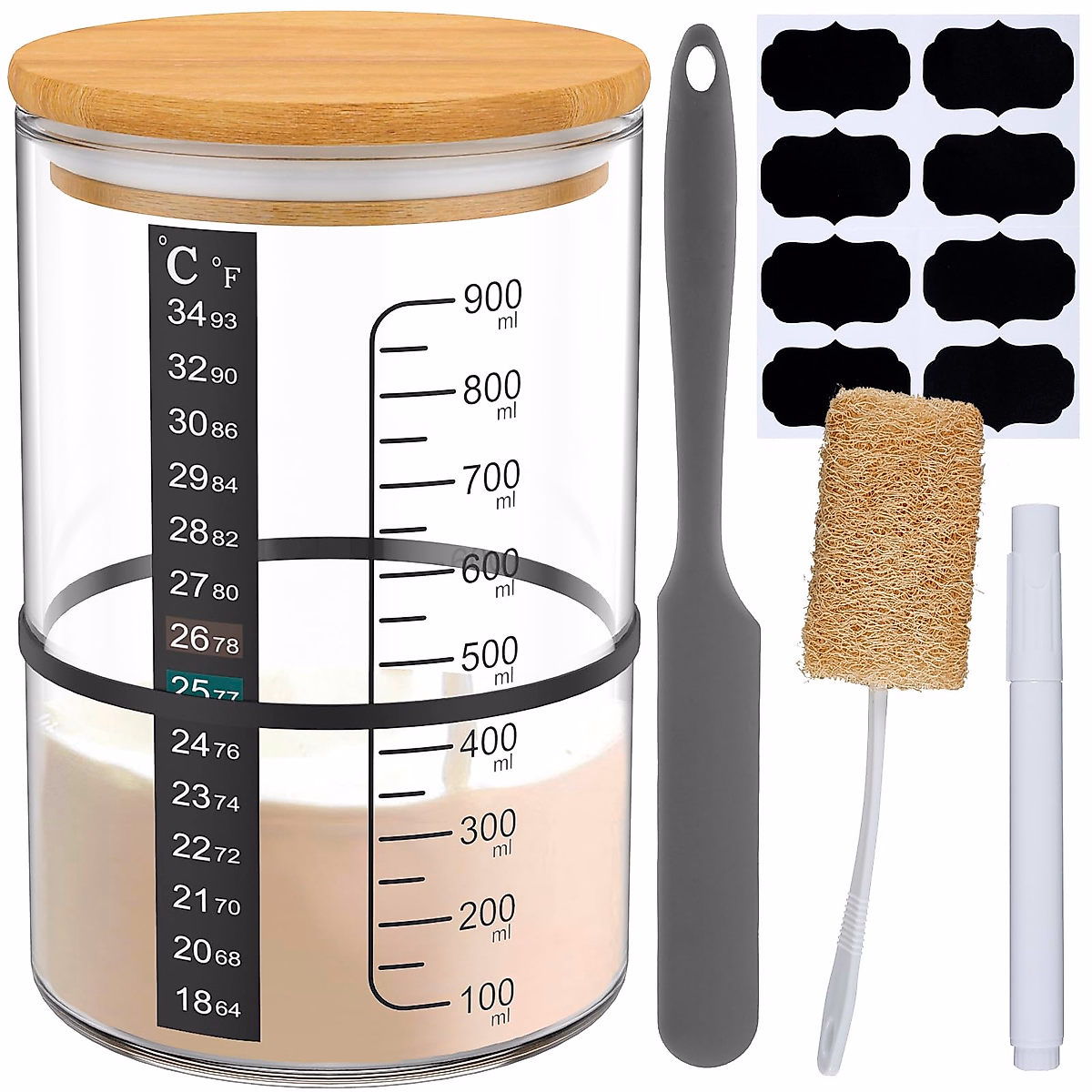 Sourdough Starter Jar Kit, 30.4oz Sourdough Bread Starter Container, Clear Glass Sourdough Starter Cup, Wide Mouth w/Wooden Lid Thermometer Strip Spatula Rubber Band Loofah Lable Pen for Bread Baking