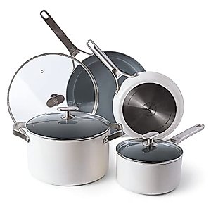 Greater Goods Party of Four Cook Kit - 10 Piece Nonstick Cookware Set for a Complete Kitchen | Non Toxic, Teflon Free Pots and Pans Work on All Cooking Surfaces, Even Induction (Birch White)