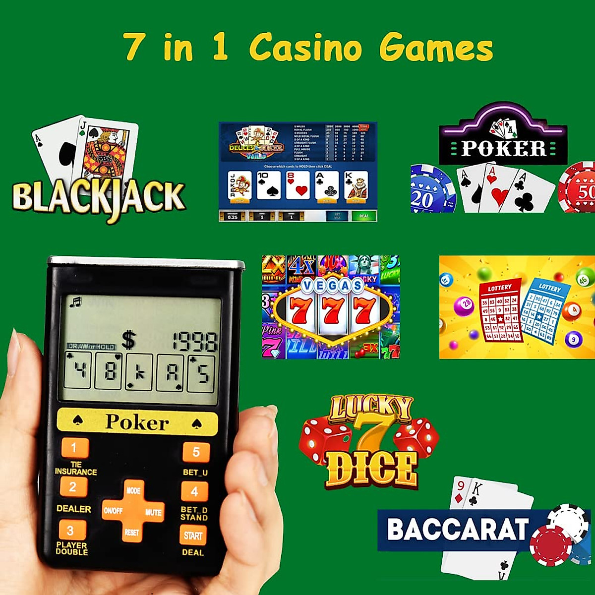 KDSbnk Handheld Poker Game for Adults 7 in 1 Casino Game (Black Plastic)