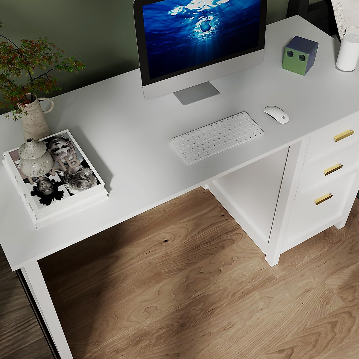 White Writing Desk with 3 Drawers - 47 inch Modern Home Office Computer Desk, Study Table PC Desk for Bedroom