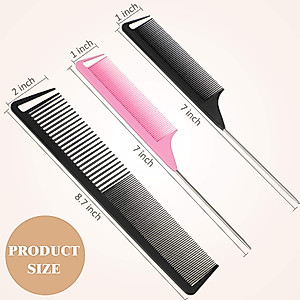 3 Pieces Carbon Fiber and Stainless Steel Hair Combs Set - Pintail, Teasing, and Parting Combs with Wide and Fine Teeth for Braids, Hair Salon, and Home Use, Black