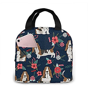 Lunch Bag Basset Hound Floral Dog Dog With Flowers Navy Blue Lunch Box Insulated Bag Tote Bag For Men/Women Work Travel