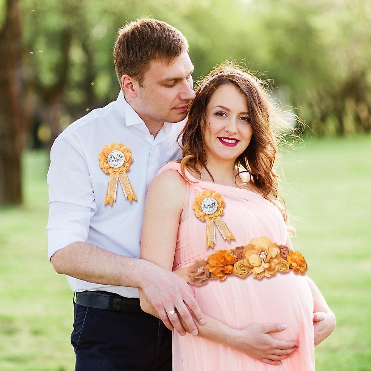 SKJIAYEE Gold Brown Maternity Sash Baby Shower Decorations, Mom to Be & Daddy to Be Corsage for Gender Reveal Party Supplies Belly Belt Gift Keepsake Pregnancy Photo Props (Pure Handmade)