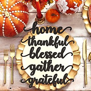 Thanksgiving Black Wooden Table Word Place Setting 5PCS Thankful Grateful Blessed Gather Home Tablescape Words Laser Cut Wood Plate Letter Sign Farmhouse Table Signs Decor Holiday Place Cards Dining