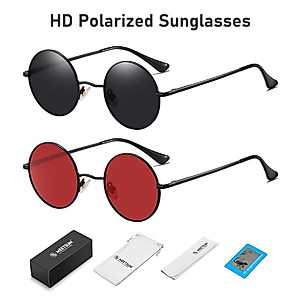 MEETSUN Small Round Sunglasses Polarized for Men Women Retro Vintage Circle Hippie Sun Glasses UV400(Black/Grey + Black/Red)