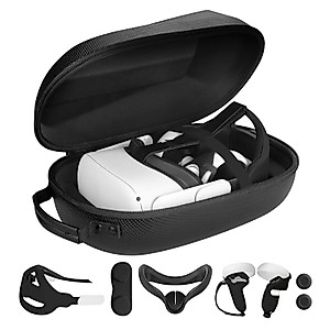 Esimen Carrying Case for Oculus Quest 2 with Head Strap - Hard Protection Case and Lightweight Travel Case with Starter Kit, Face Cover, and Silicone Controller Cover(Black Case Set Accessories)