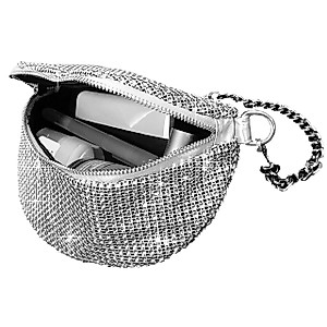 Zzfab Mesh Bing Fanny Crossbody Bags Rhinestone Clutches bling Evening Purse for Wedding and Prom Silver