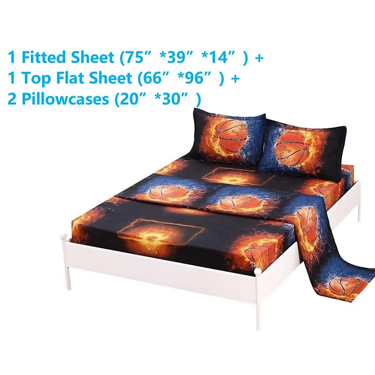 SDIII 4Pcs Fiery Basketball Sheet Set Twin, Basketball with Special Effects Sheet Set, Super Soft Microfiber, Wrinkle and Fade Resistant, for Boys Men and Basketball Sports Lovers, Twin