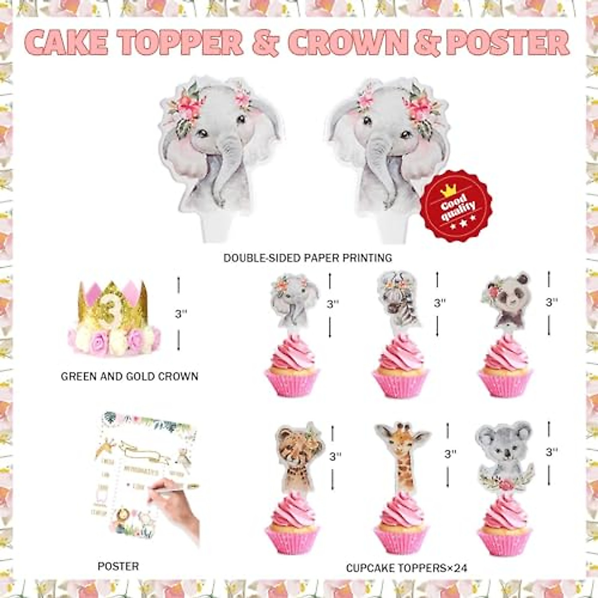 Fiesec Young Wild and Three Decorations Girl, Jungle Safari Animal Theme 3rd Party Decorations Backdrop Balloons Banner Cake Cupcake Topper Poster Crown Lion Cheetah Giraffe Pink 119 PCs