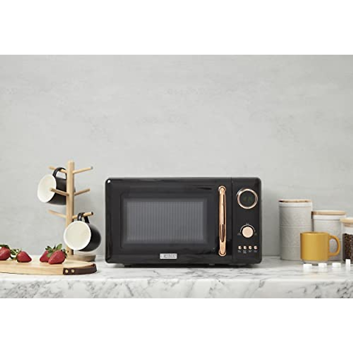 Haden 75049 Vintage Retro 0.7 Cubic Foot/20 Liter 700 Watt Countertop Microwave Oven Kitchen Appliance with Turntable, Pull Handle, and 5 Power Levels, Black/Copper