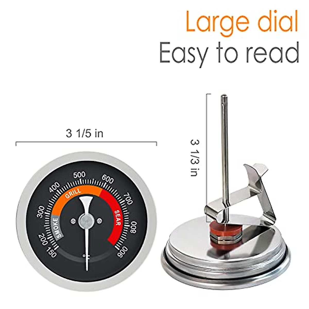 Grill Smoker Temperature Gauge Replacement with 3.3" Large Face, 150-900°F,Waterproof No-Fog Glass Lens – Replacement for a Variety of Different Grill Thermometer Such as Big Green Egg (Black)