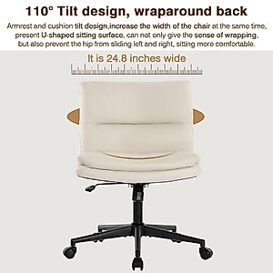 YASHFU Armless Leather Wide Office Desk Chair with Wheels: Cute Criss Cross Chair with Wheels, Leather Comfy Adjustable Swivel Computer Task Chairs for Home, Office,Make Up,Bed Room (Beige)