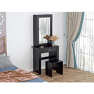mixtavie Vanity Desk with Sliding Mirror & Stool, Makeup Vanity with Storage Shelves & Drawer & Chair, Vanity Table Set for Bedroom, Black
