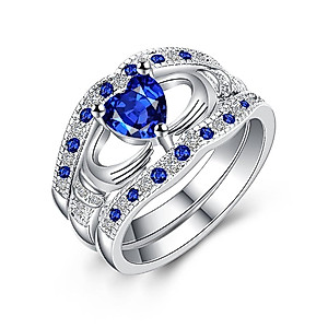 Uloveido Platinum Blue Heart Love Ring Irish Friendship Ring Women's Engagement Triple Band Set Ring CZ Bridal Wedding Jewellery HR314-7