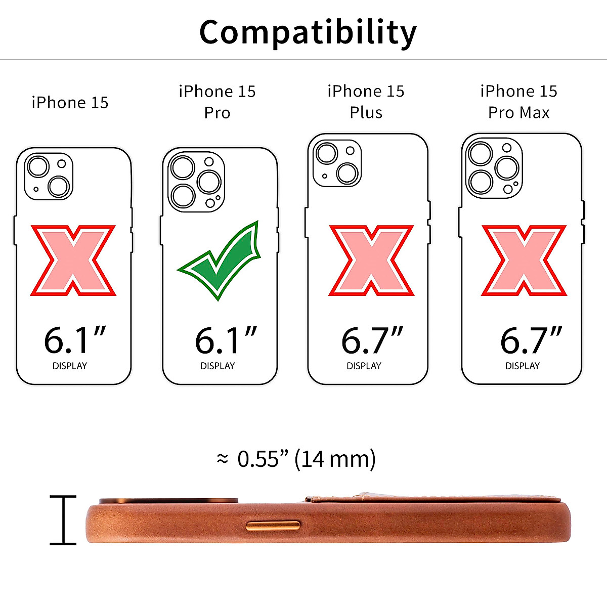 Dockem Genuine Leather Card Case for iPhone 15 Pro with Built-in Metal Plate for Magnetic Mounting, Stitched-on Wallet with 2 Credit Card Pockets (Light Brown, M2GL)