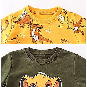 Azalquat Toddler Boys Crewneck Sweatshirt, Cotton Long-Sleeve Pullover Cartoon Print (Yellow Dinosa/Lion, 18-24 Months)
