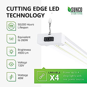 Sunco 10 Pack Linkable LED Utility Shop Light, 4500 LM, Single CCT (2700K), 4 FT, 48 Inch Integrated Fixture for Garage, 40W Equivalent 150W, Surface + Suspension Mount, White