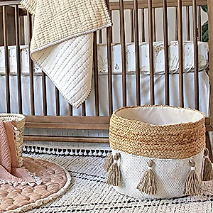 Crane Baby Fabric Storage Bin for Nursery and Toddlers, Toy Storage for Boys and Girls, Cream and Beige, 13" w x 12" h