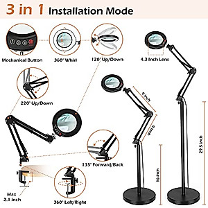 5X Magnifying Glass with Light and Stand, Krstlv LED 5 Color Modes, Stepless Dimmable Magnifying Floor Lamp, 3-in-1 Adjustable Swing Arm Lighted Magnifier Lamp with Clamp for Reading, Craft, Esthetic