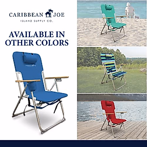 Caribbean Joe Folding Beach Chair, 4 Position Portable Backpack Foldable Camping Chair with Headrest, Cup Holder, and Wooden Armrests, Blue