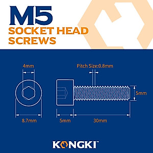 M5 x 30mm Socket Head Cap Screws 12.9 Grade Alloy Steel, Allen Socket Drive, Black Oxide Finish, Machine Thread, 100 PCS