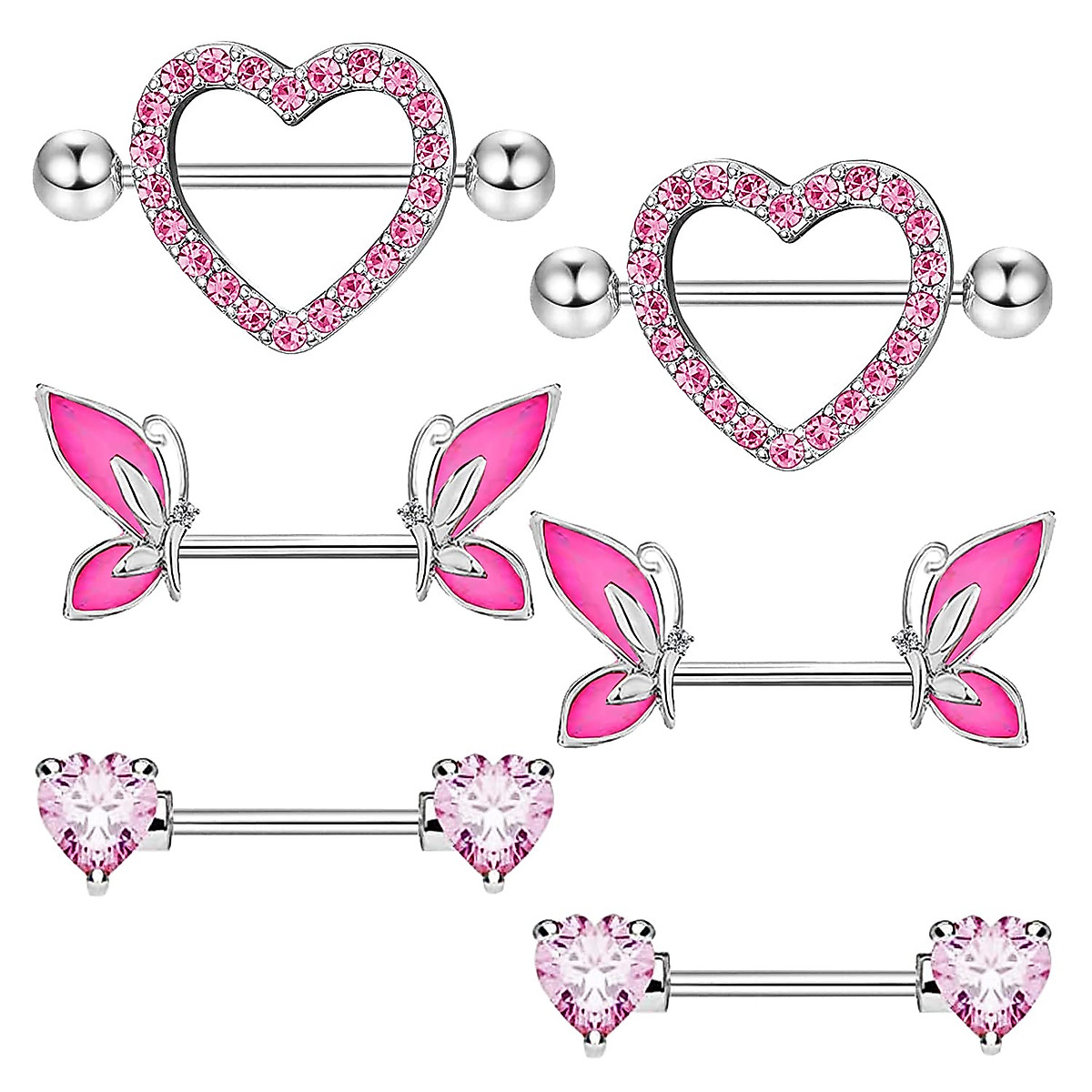 FLOGWE 3Pairs 14G Heart Nipple Rings 316L Stainless Steel Butterfly Nipple Barbell Nipple Barbells CZ Heart Nipple Rings Body Pierced Jewelry for Women…
