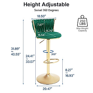 HANLIVES Velvet Bar Stools Set of 2,360° Woven Modern Gold Bar Stools,Swivel Adjustable Height Barstools with Backs Gold Metal Tall Kitchen Counter Chairs for Bar Pub Cafe(Green*2)