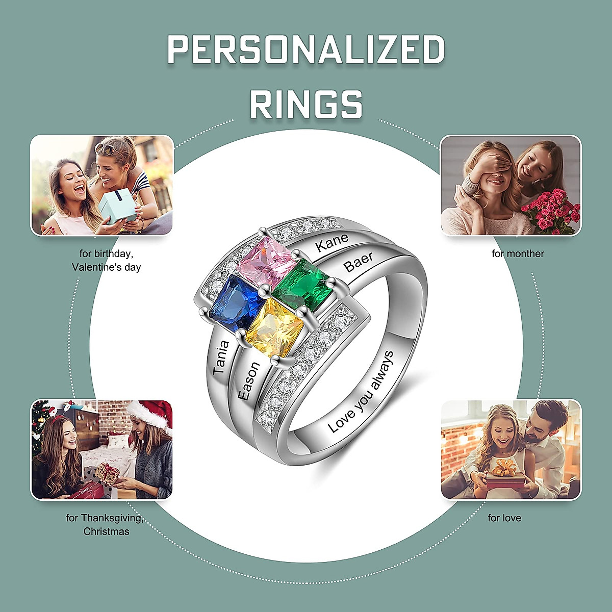 Zomodia Mothers Ring Personalized 4 Simulated Birthstones Engraved 4 Names Anniversary Promise Ring for Her Family Jewelry Gift for Grandma (9)