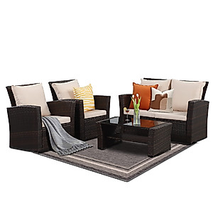 Solaste 4 Piece Patio Outdoor Furniture Sets,Patio Conversation Sofa Wicker Chair with Cushion,Hand Woven Rattan Sofa for Porch Backyard Outside Garden Lawn Yard,Brown
