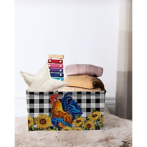Storage Bins, Farm Rooster Sunflower Black and White Buffalo Plaid Storage Baskets for Organizing Closet Shelves Clothes Decorative Fabric Baskets Large Storage Cubes with Handles
