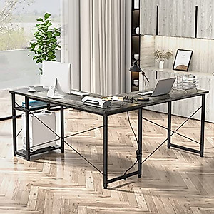 Ecoprsio L-Shaped Desk with Power Station and USB, Large L Shaped Gaming Desk with Storage Shelves Industrial Corner Desk Writing Study Table for Home Office Gaming Workstation, Oak and Black