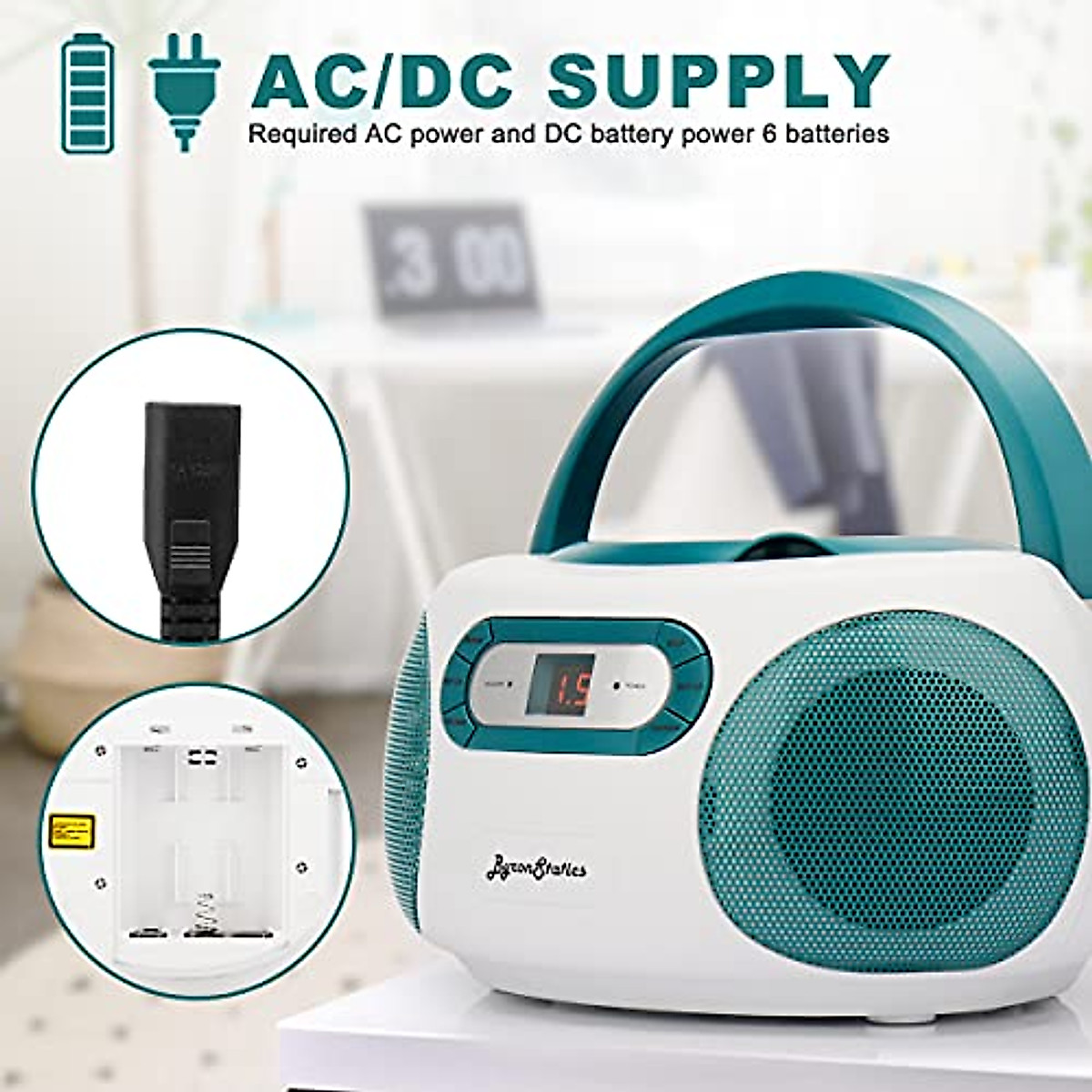 Byron Statics Portable CD Boombox with AM/FM Radio, Top Loading CD, 1W RMS x 2 Stereo Speaker, Aux-in Jack, LCD Display, AC110-120V Operated (KBB-250)