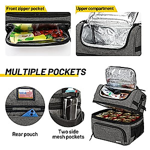 MIER Dual Compartment Lunch Bag Tote with Shoulder Strap for Men and Women Insulated Leakproof Cooler Bag, Grey