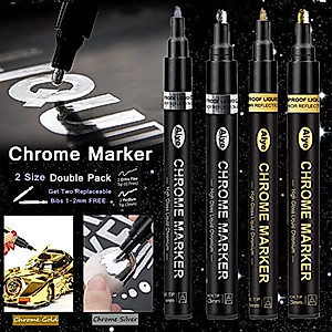 4Pcs Liquid Mirror Chrome Marker Set, DIY Silver & Gold Alcohol Paint Pump Pens(1mm,3mm), Double Pack of Both Fine and Medium Tip Paint Markers for on Any Surface, Get 2 Replaceable Nibs 2mm FREE