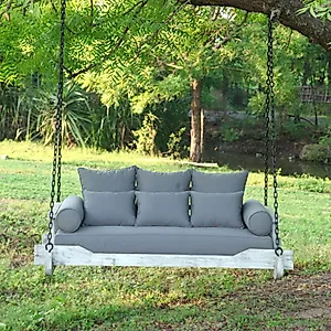 Ash & Ember Grade A Teak Twin Sized Porch Swing with Chain, 75" Wide Antique Finish Teak Wood Bed Frame with Grey Cushions, Weather-Resistant Backyard Benches Swings and Patio Furniture