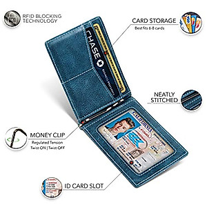 SERMAN BRANDS RFID Blocking Wallet Slim Bifold - Genuine Leather Minimalist Front Pocket Wallets for Men with Money Clip Gift (Arctic Blue Rogue)